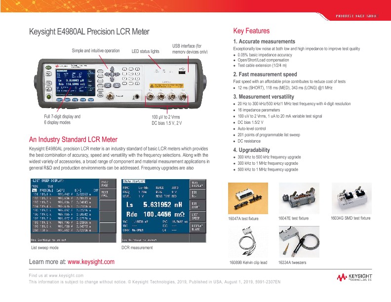 E4980AL Precision LCR Meter 20 Hz to 300 kHz/500 kHz/1 MHz PDF Asset Page | Keysight